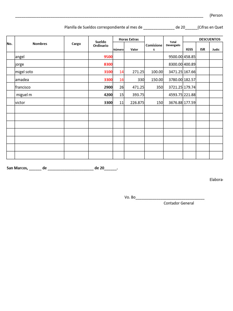 Modelo de Planilla Mensual Bonif Inc Despues | PDF