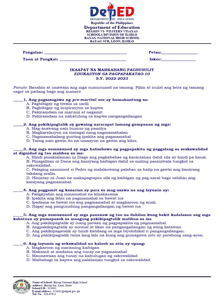 Esp 10 4TH Quarter Exam | PDF