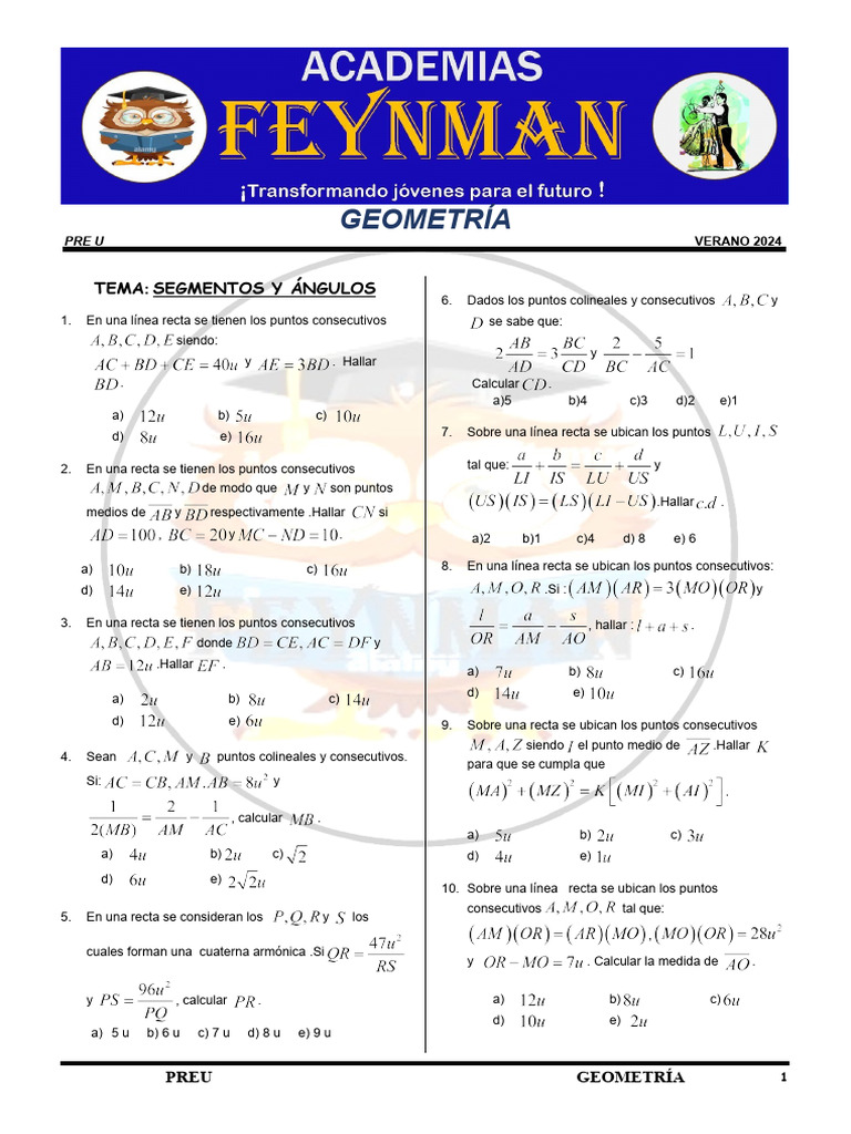 Geometría - Semana 01 Preu | Descargar gratis PDF | Línea (geometría) | Matemáticas
