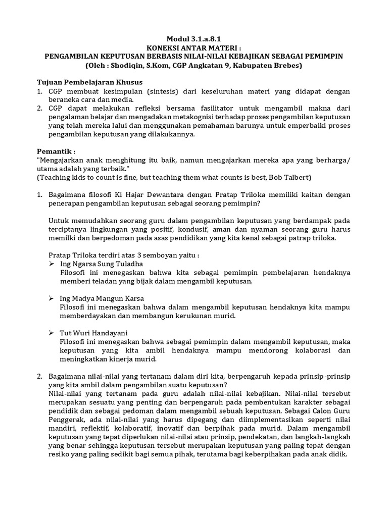 Modul 3.1 KAM PENGAMBILAN KEPUTUSAN BERBASIS NILAI-NILAI KEBAJIKAN SEBAGAI PEMIMPIN | PDF