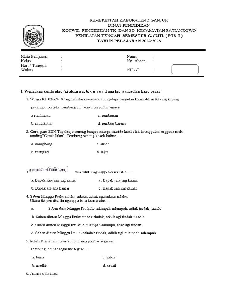 SOAL BAHASA JAWA Padhadharan 3 Soal Uts SMT Ganjil B Jawa Kls 6 SMT 2 2022-2023 | PDF