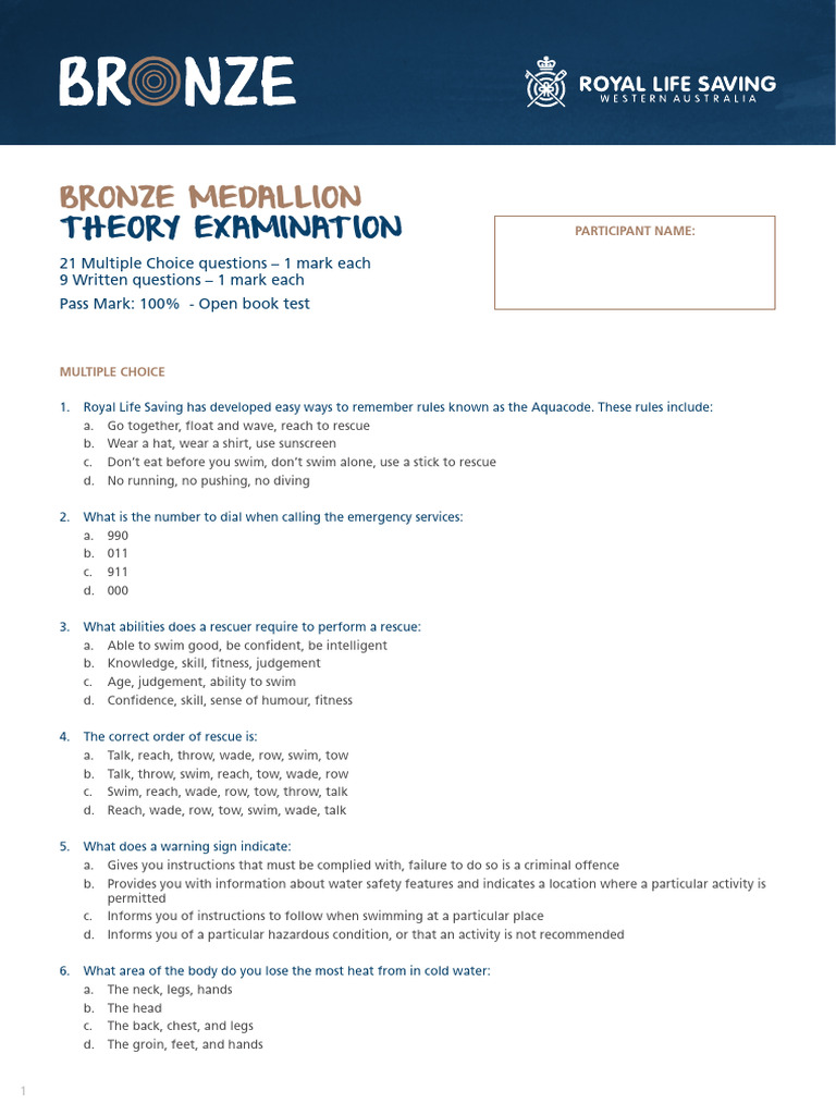 BronzeMedallion TheoryExam | PDF | Cardiopulmonary Resuscitation ...