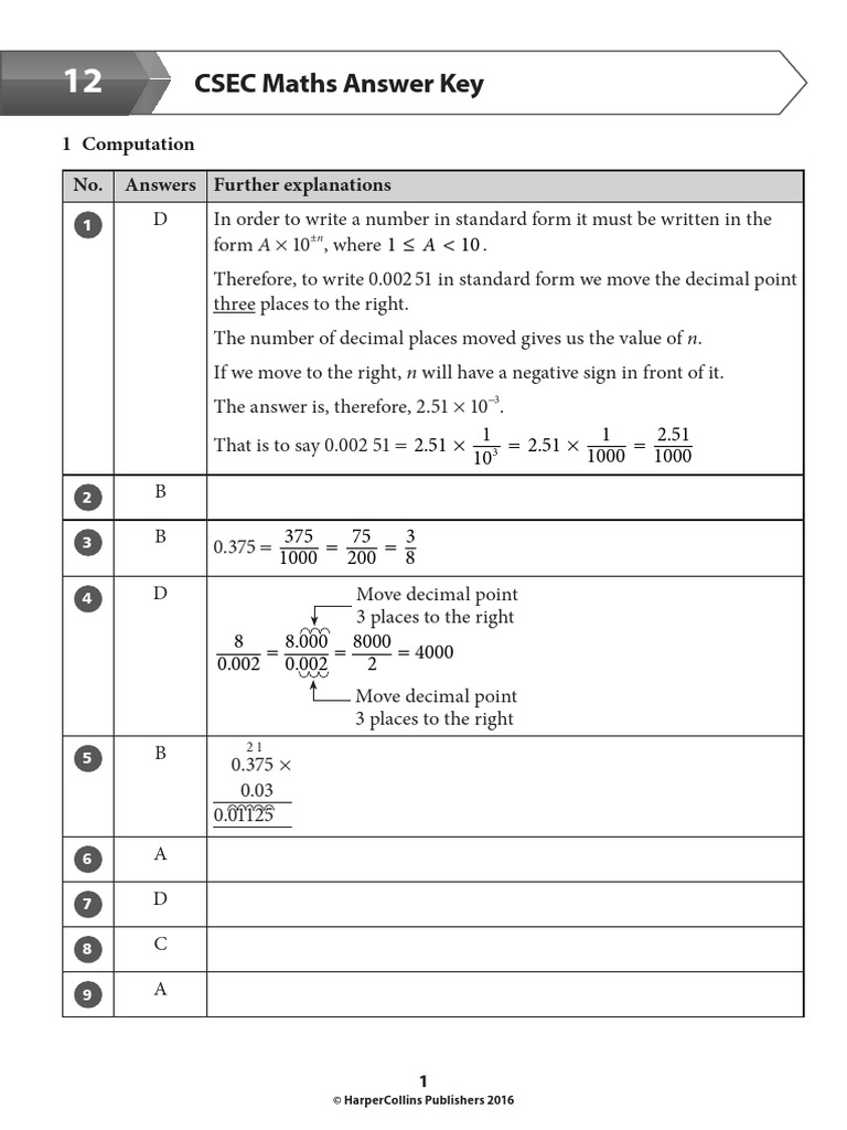 CSEC Math MCQ - Answer Key | PDF
