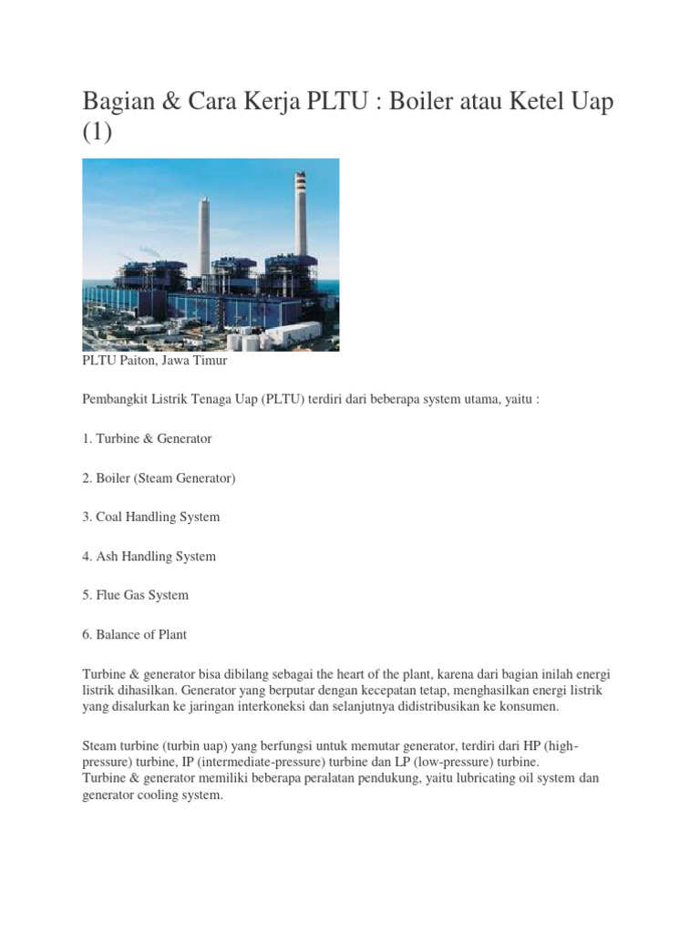 Bagian & Cara Kerja PLTU - Boiler Atau Ketel Uap (1) - Kqlima | PDF ...