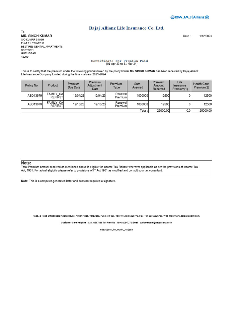 Bajaj Allianz Health Insurance Premium Summary | PDF | Insurance | Life ...