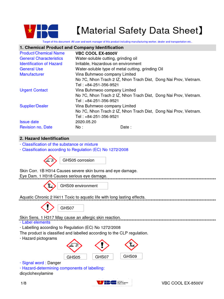 MSDS VBC Cool Ex 8500V | PDF | Dangerous Goods | Toxicity
