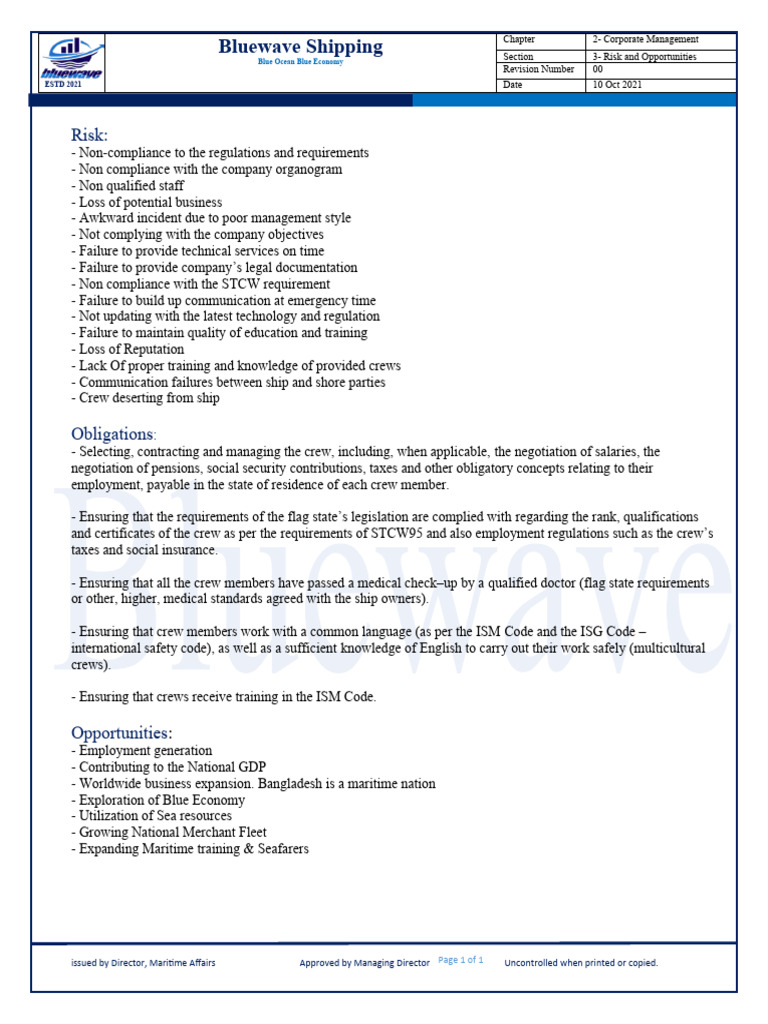 2.3 Bluewave - Risk and Opportunities | PDF | Regulatory Compliance | Employment