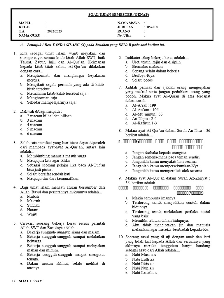 Format Soal Semester Genap. TP 20222023 Agama | PDF