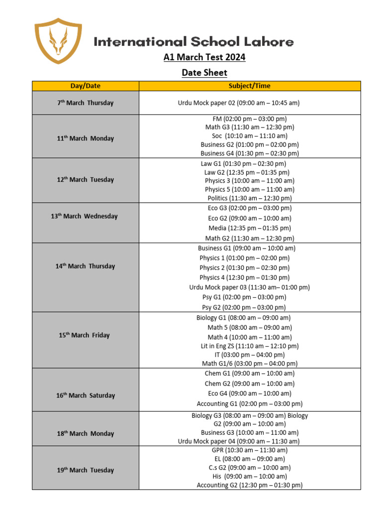 A1 March Test 2024 Date Sheet | PDF