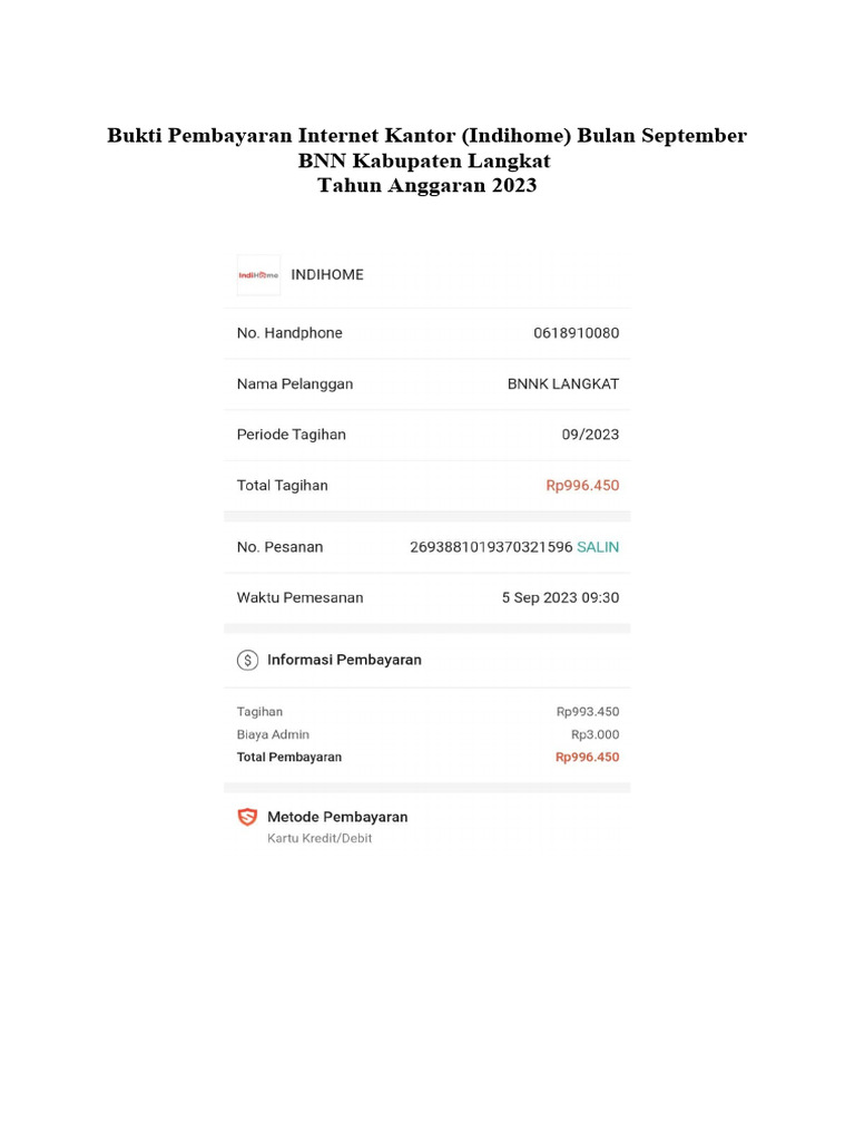 Bukti Pembayaran Internet Kantor (Indihome) Bulan September | PDF