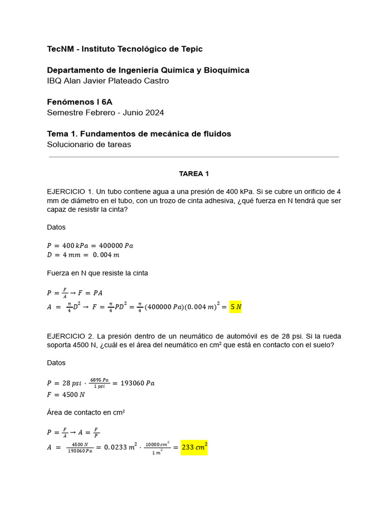 Fen I Feb - Jun 24 Tema 1 Solucionario de Tareas | PDF | Presión | Pascal (Unidad)