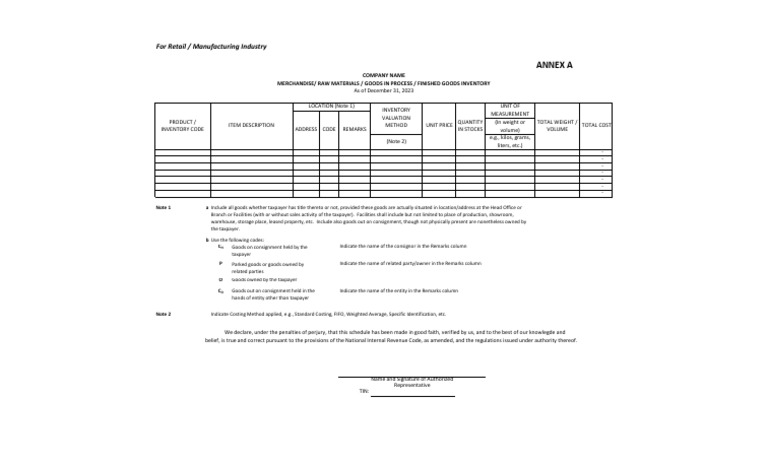 Retail Inventory Declaration Template | PDF | Inventory | Goods