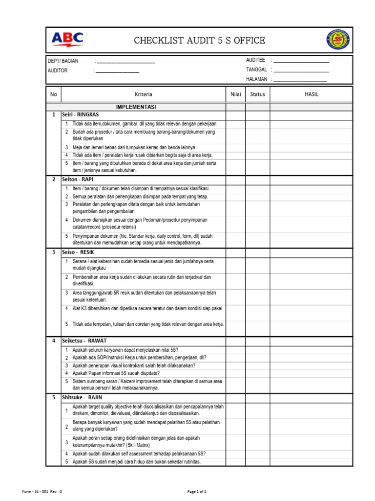 Checklist Audit 5S (Office) | PDF | Bisnis