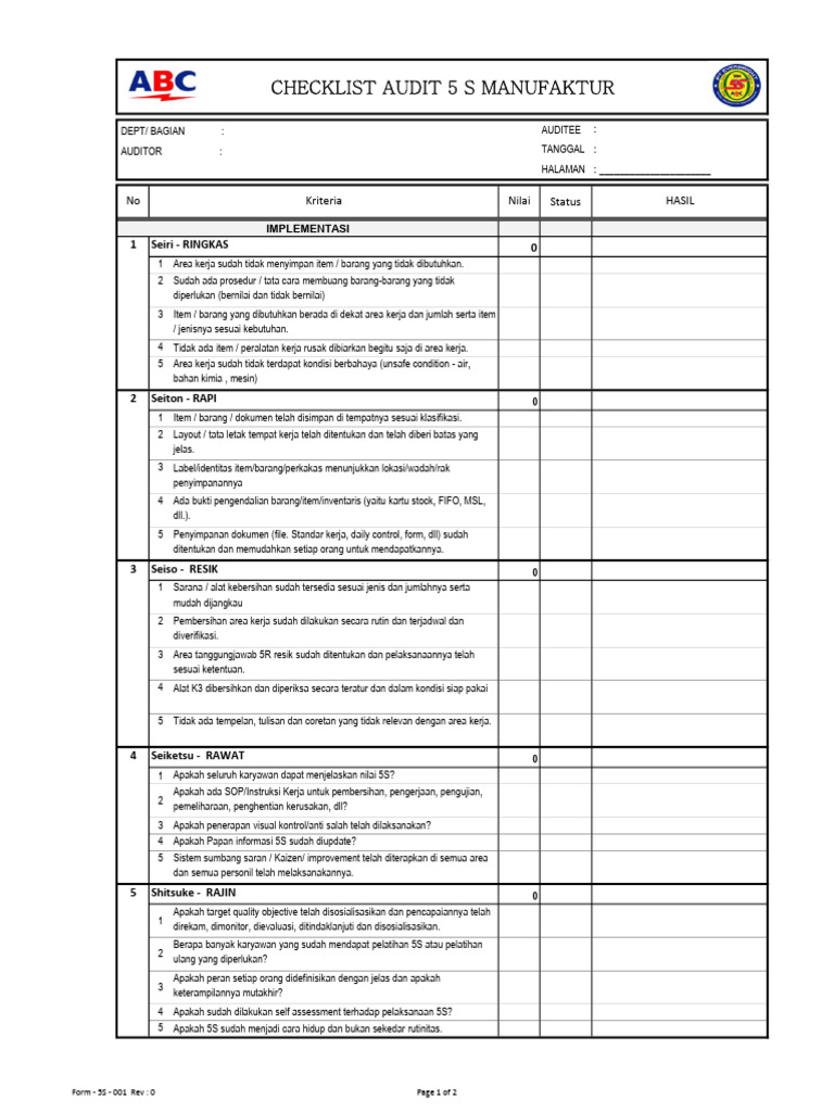 Checklist Audit 5S di Manufaktur | PDF