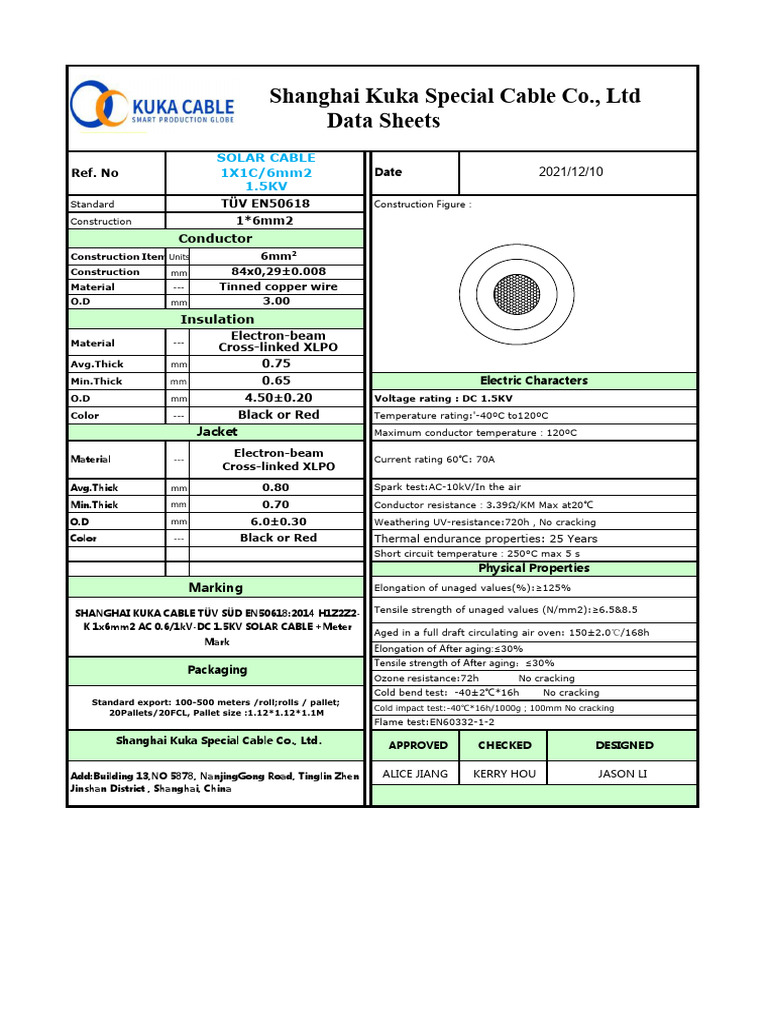 KUKA 1x6mm2 Solar Cable Cable Technique Data | PDF | Electrical Resistance And Conductance ...