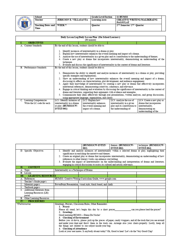 WEEK 7 Lesson Plan HUMSS 2 2nd Sem | PDF | Lesson Plan | Intertextuality