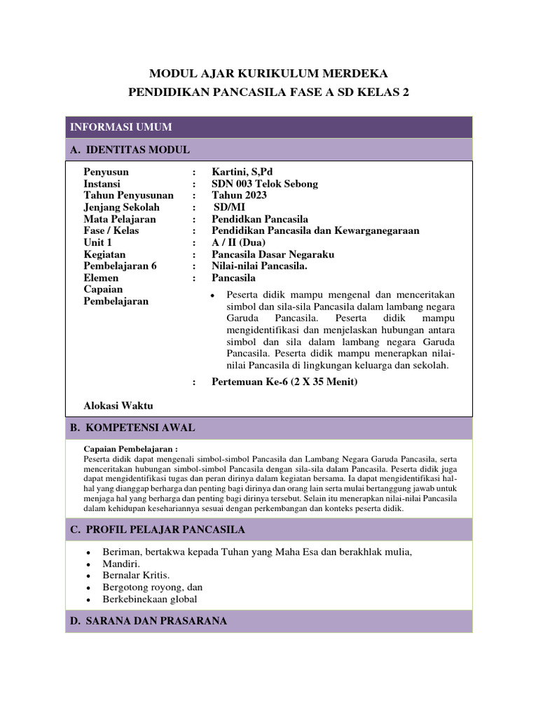 Modul Ajar Kurikulum Merdeka PKN KLS 2 | PDF