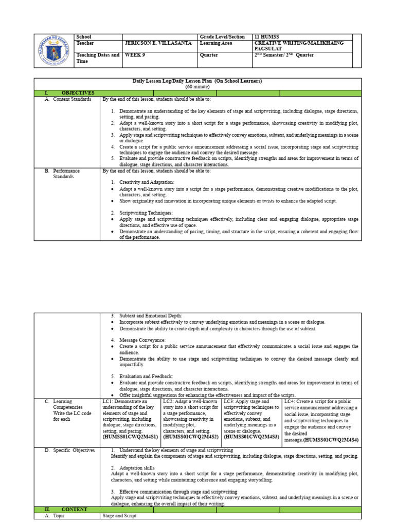 Stage and Scriptwriting Lesson Plan | PDF | Screenwriting | Lesson Plan