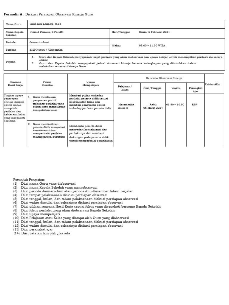 Formulir A Lembar Persiapan Observasi PMM | PDF