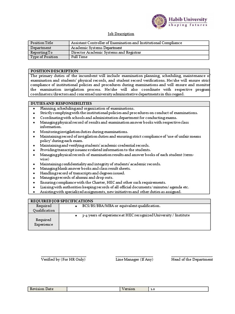 Job Description Assistant Controller of Examination and Institutional ...