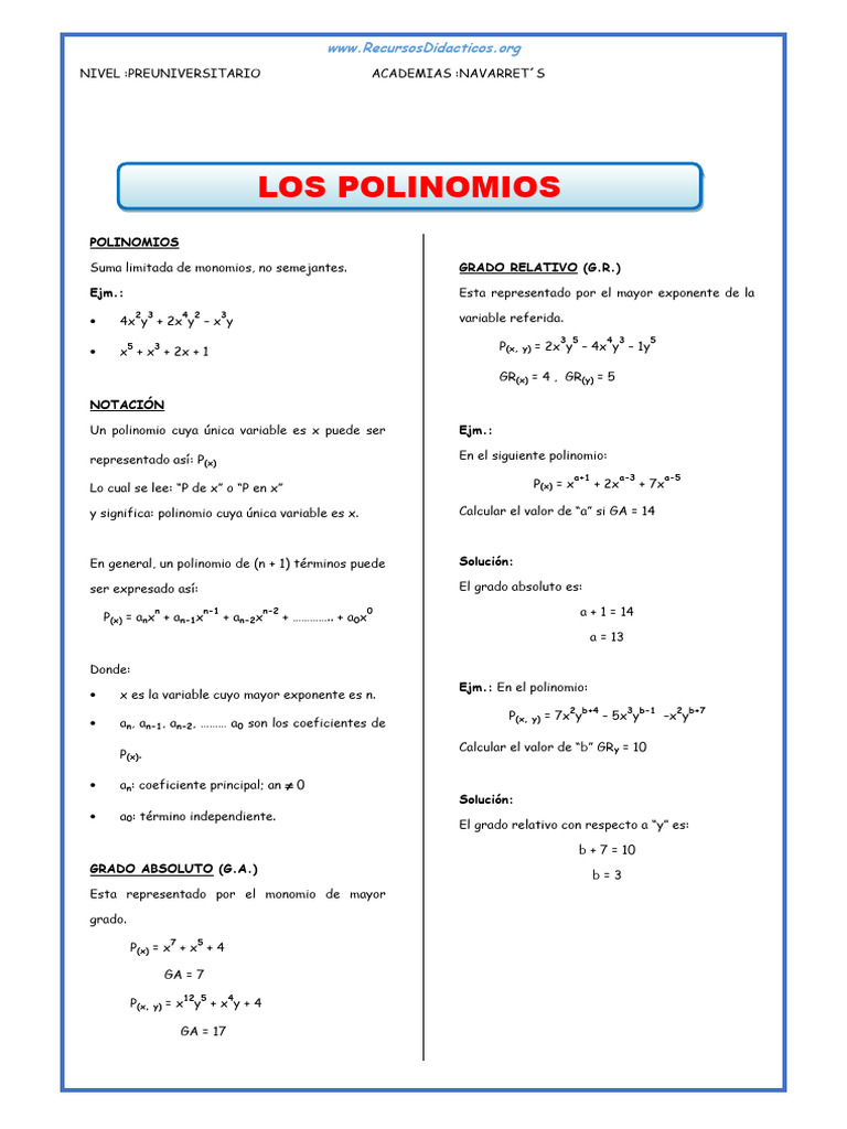Grado Absoluto y Relativo de Un Polinomio | PDF | Matemáticas | Relaciones matematicas
