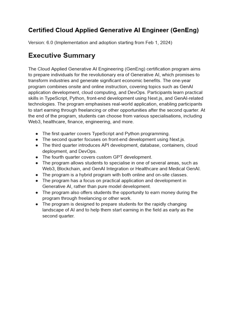 Certified Cloud Applied Generative AI Engineer (GenEng) | PDF | Cloud Computing | Internet Of Things