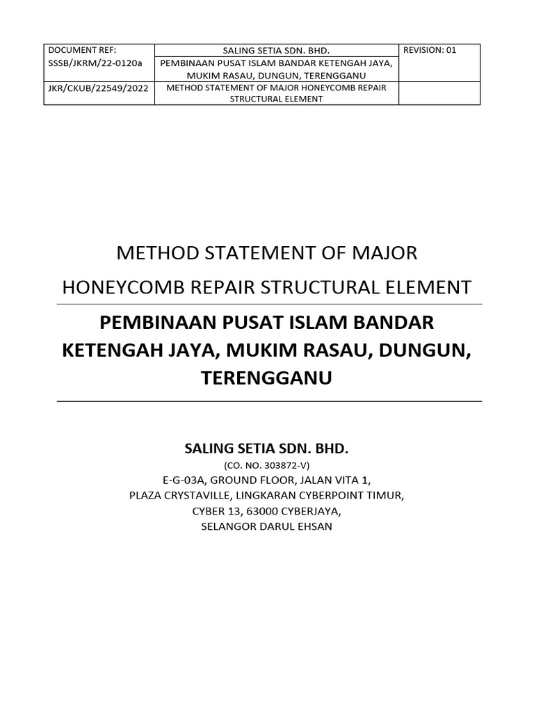 Method of Statement Major Honeycomb Repair (Dungun) | PDF | Concrete | Secondary Sector Of The ...