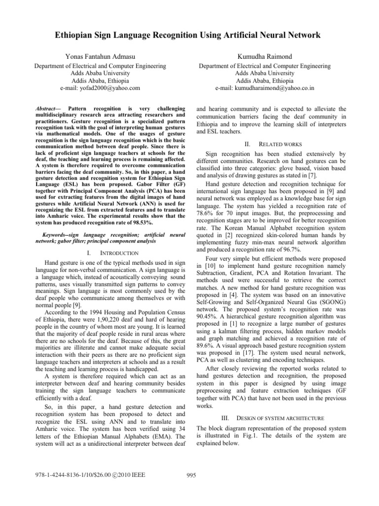 Ethiopian Sign Language Recognition Using Artificial Neural Network Pdf Eigenvalues And