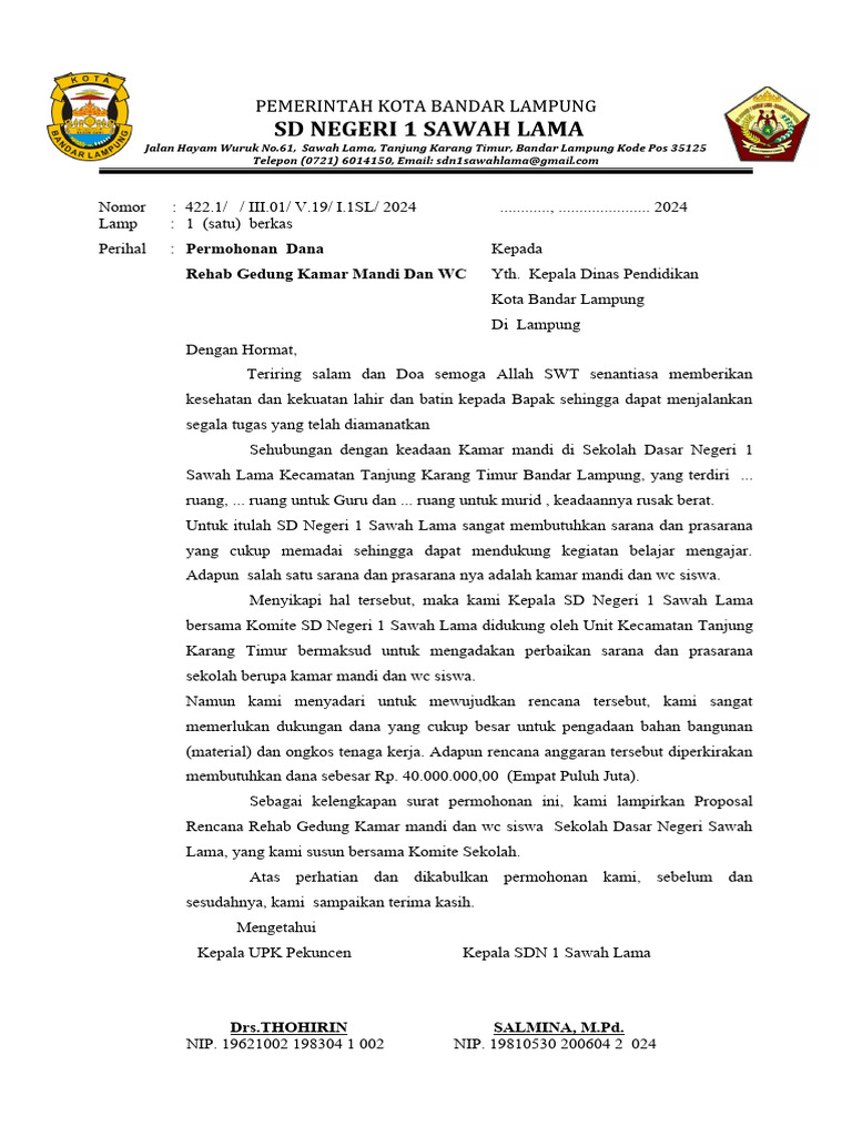 Proposal Rehab Kamar Mandi SD 1 Sawah Lama | PDF