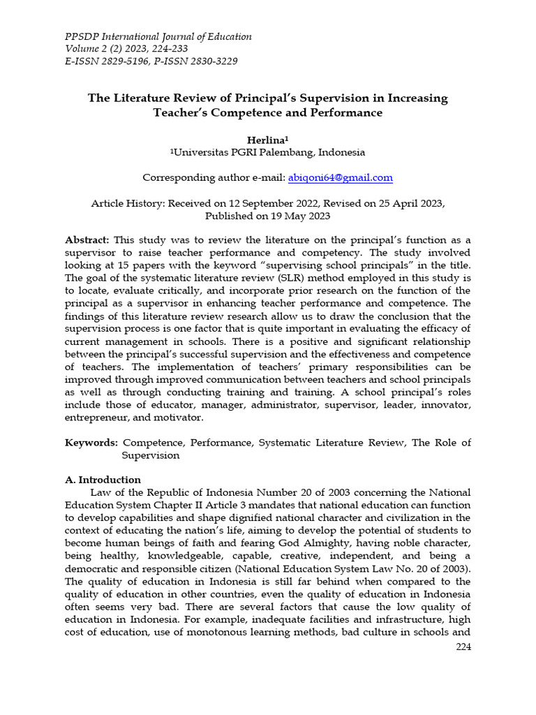 The Literature Review of Principal's Supervision in Increasing Teacher's Competence and ...