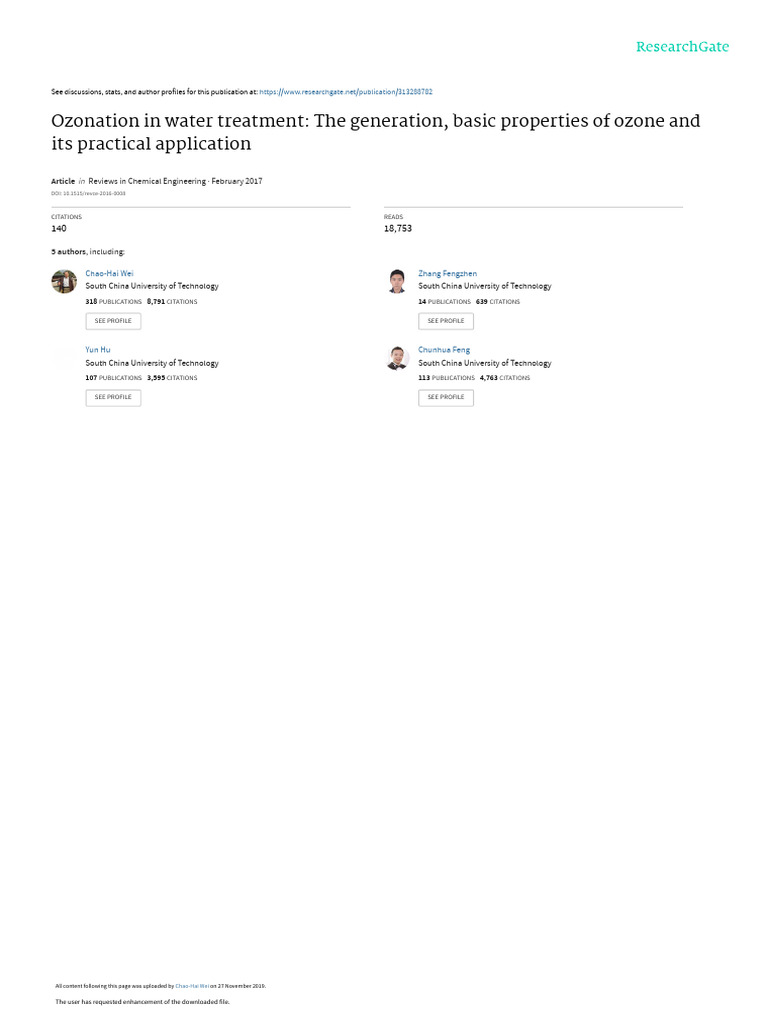 Ozonation in Water Treatment: The Generation, Basic Properties of Ozone ...