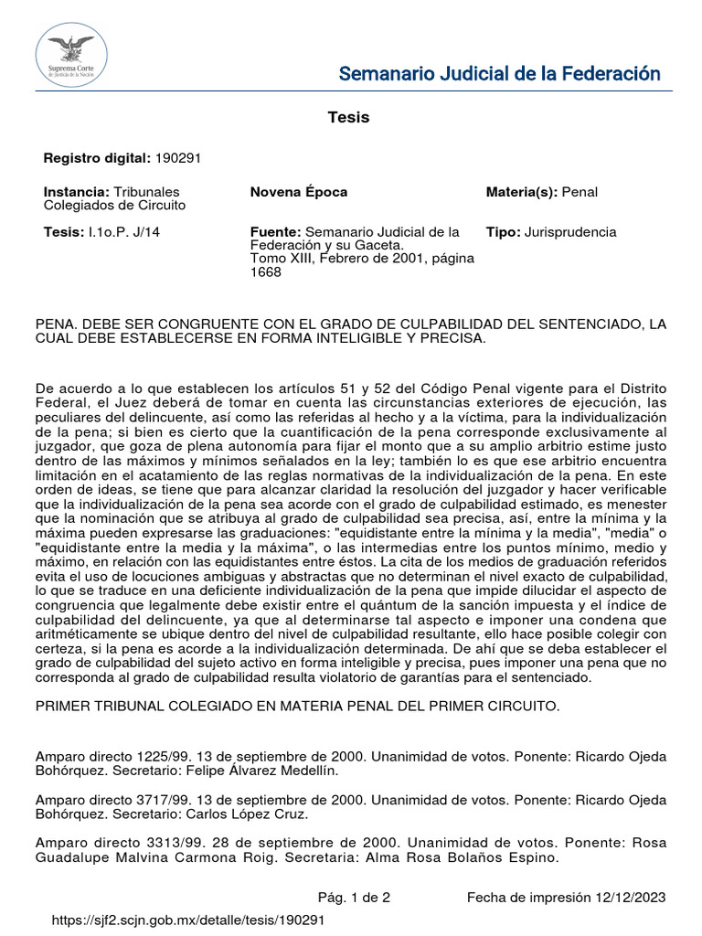 Tesis 190291 | Descargar gratis PDF | Caso de ley | Justicia