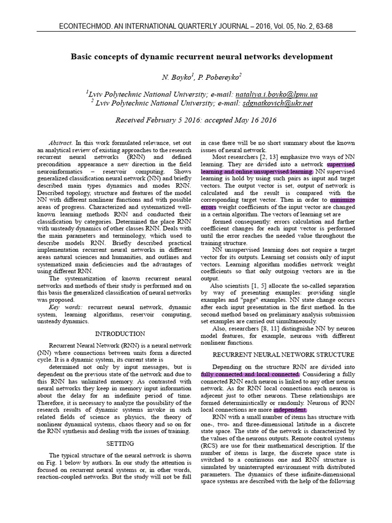 Basic Concepts Of Dynamic Recurrent Neural Networks Development Pdf Artificial Neural