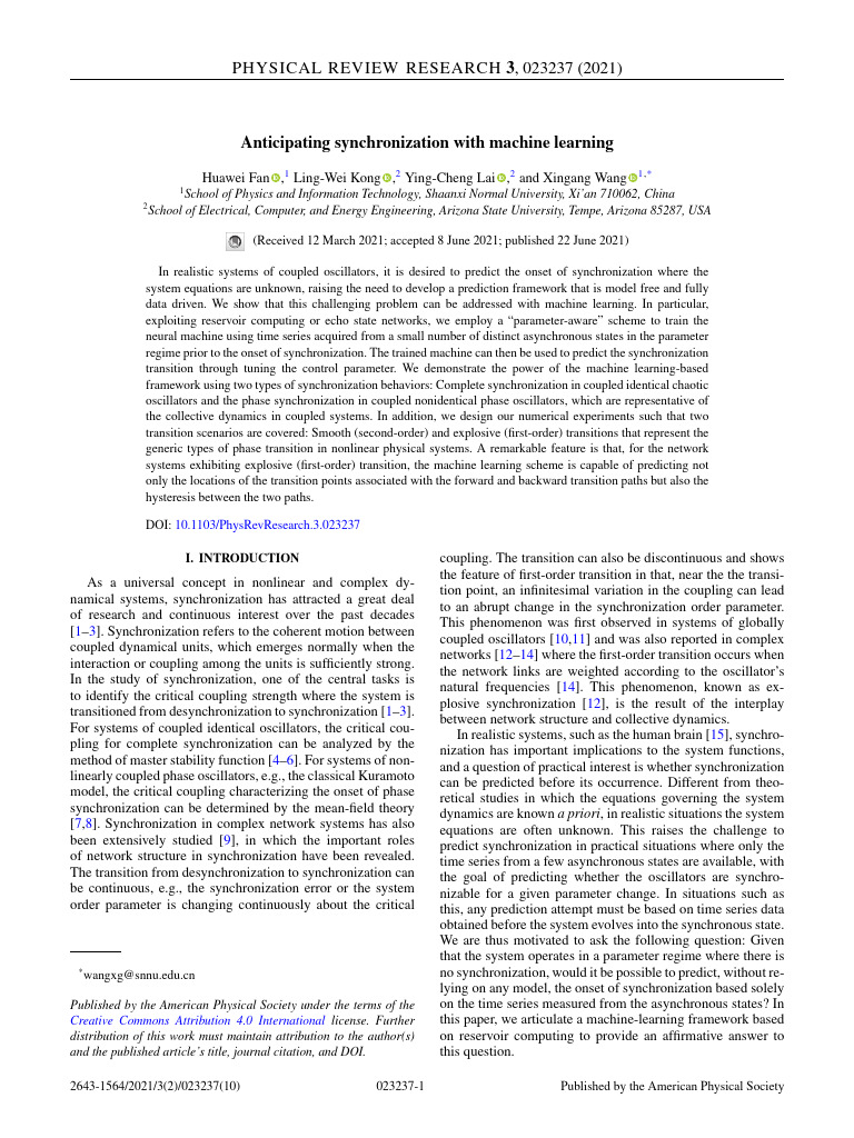Anticipating Synchronization With Machine Learning | PDF | Chaos Theory | Phase Transition