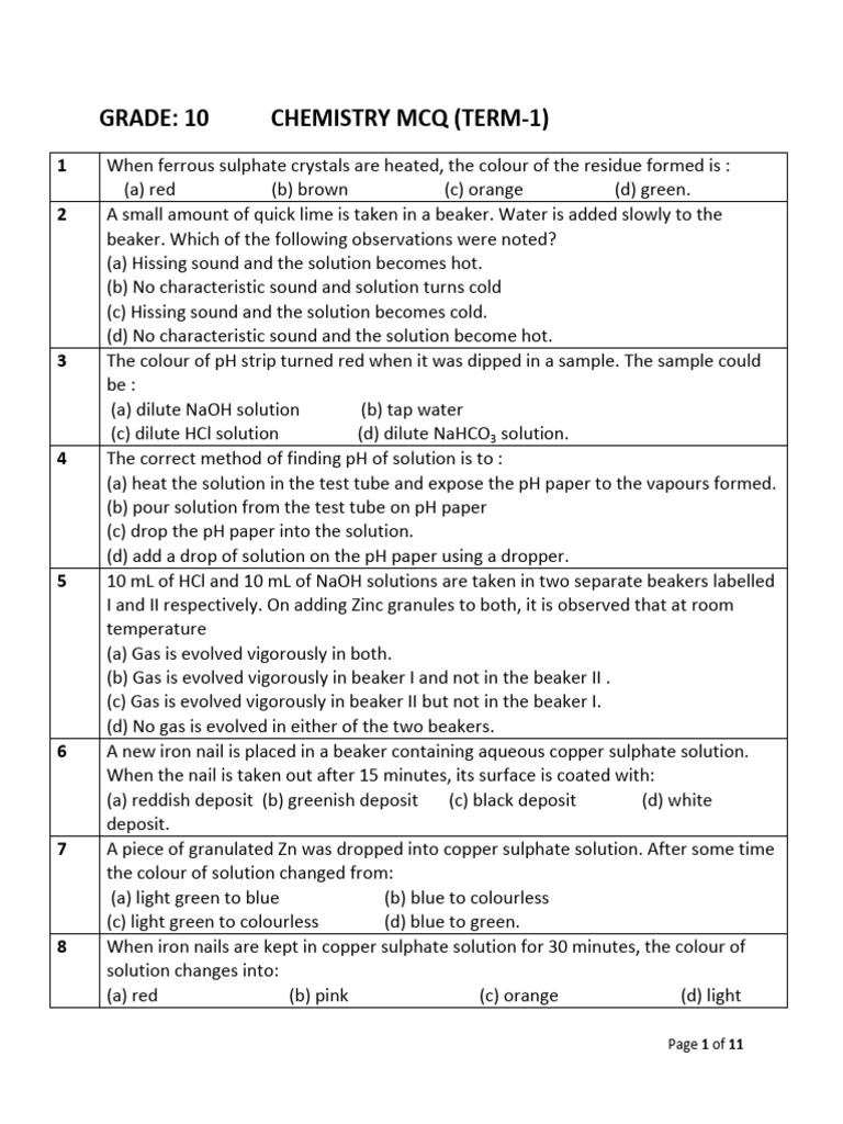 MCQ Grade 10 Sa-1 Chem | PDF | Acid | Taste