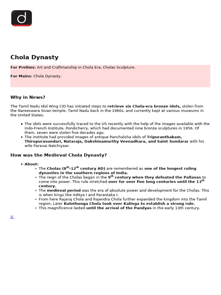 Chola Dynasty: Why in News? | PDF | Tamils | South Asia