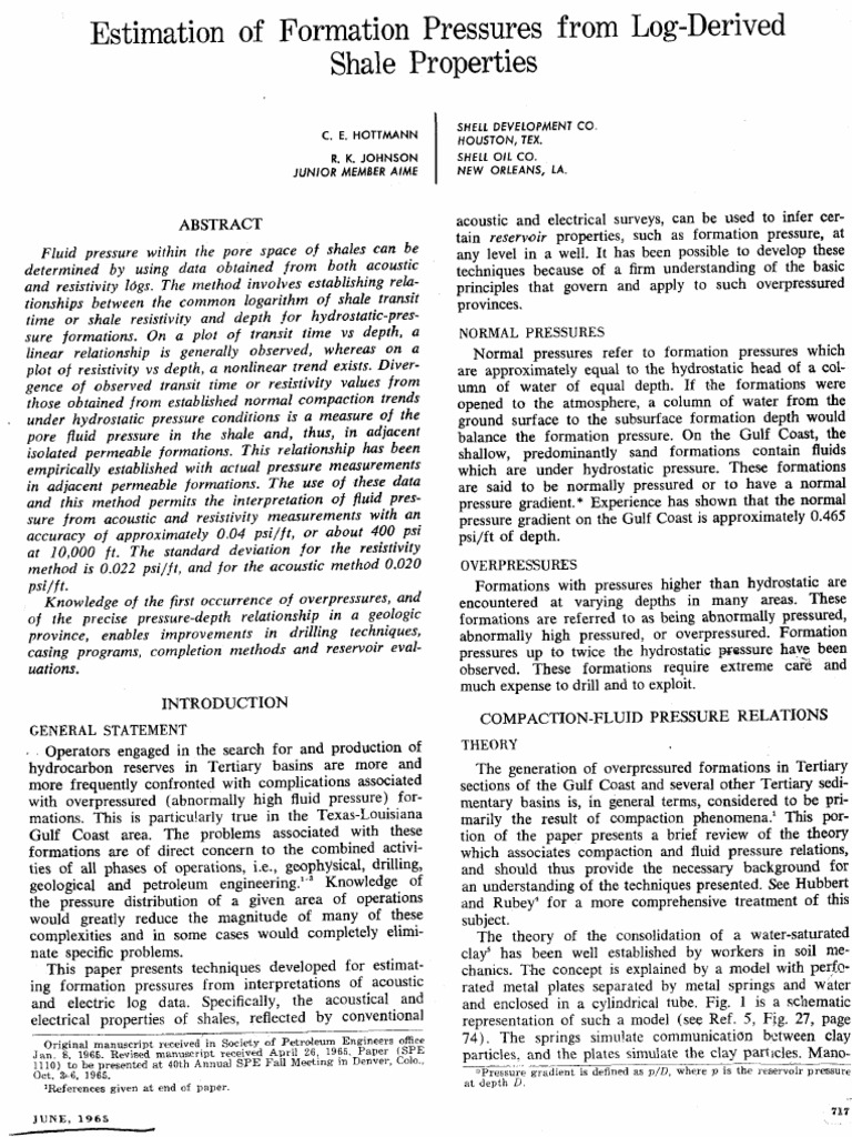 Estimation of Formation Pressures From Log-Derived Shale Properties Hotman and Johnson | PDF