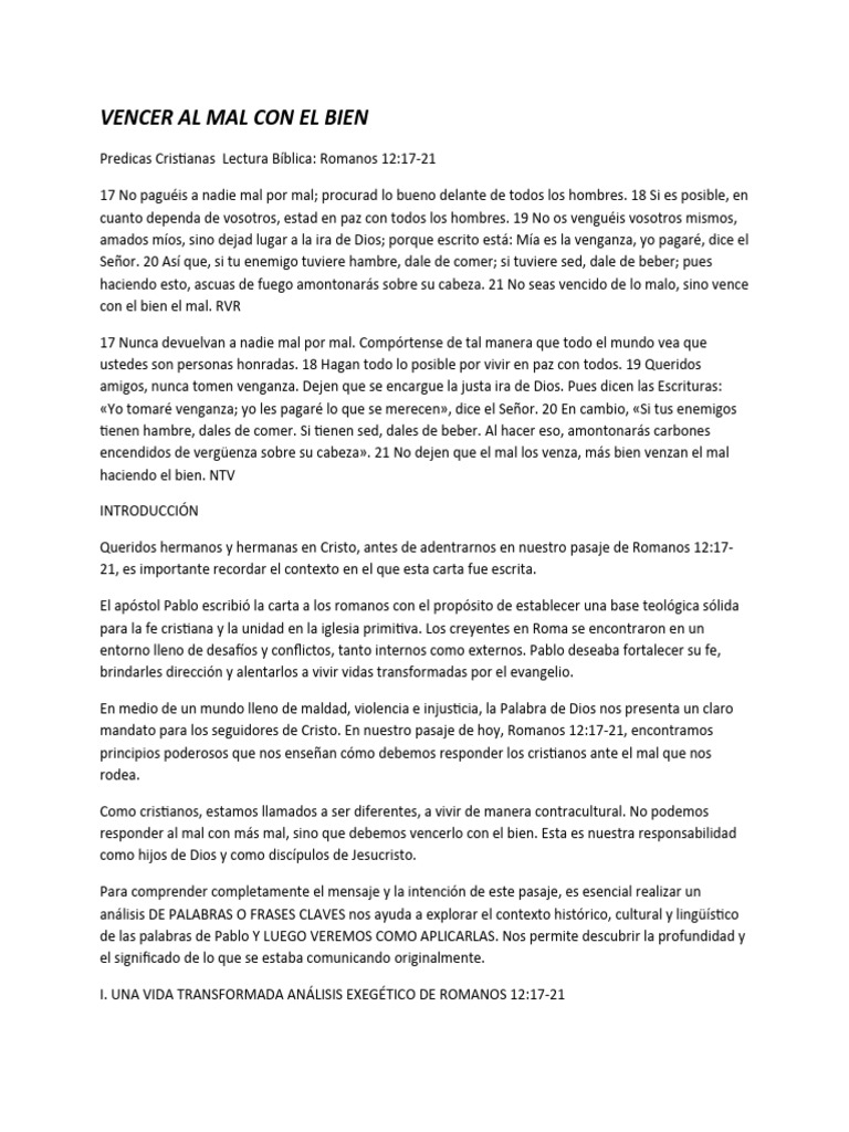 Vencer el Mal con el Bien: Romanos 12:17-21 | PDF | Mal | Epístola a ...