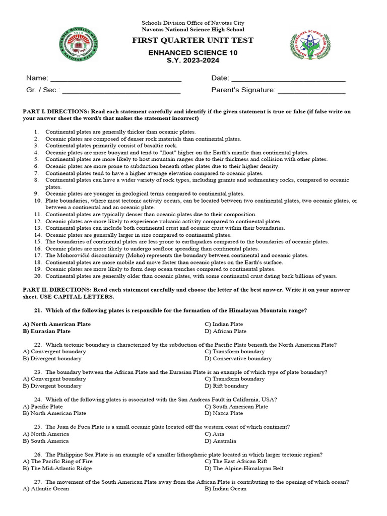 Enhanced Science 10 Quarter 1 Chapter Test 1 | PDF | Plate Tectonics ...
