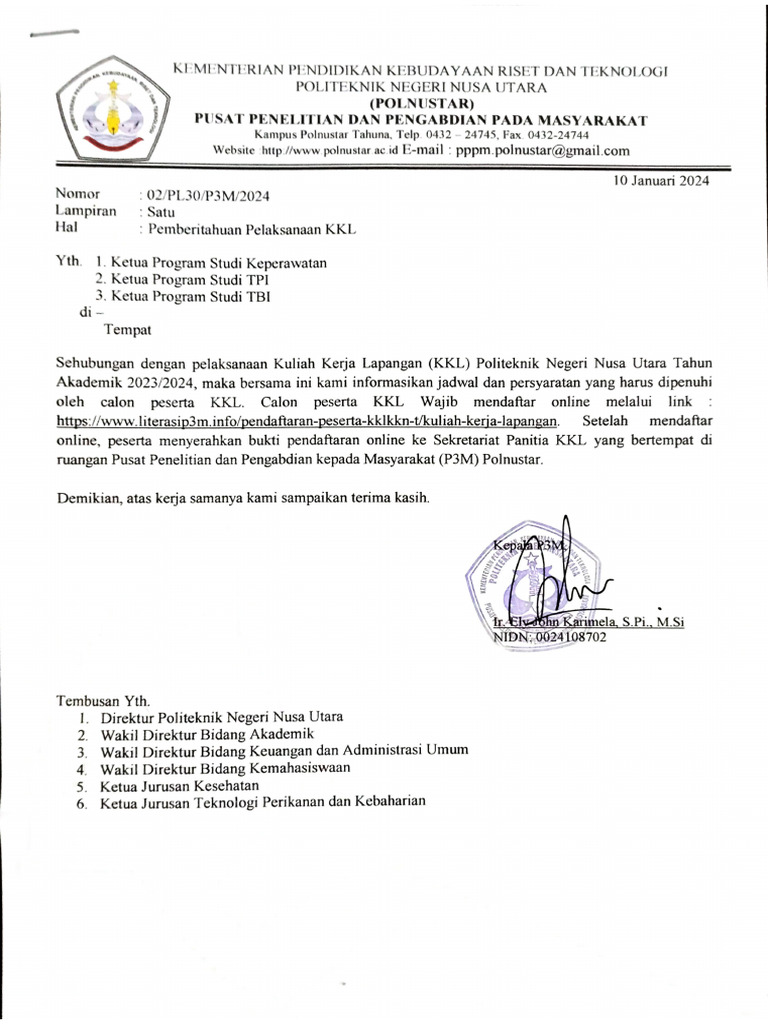 Pemberitahuan Pelaksanaan KKL-1 | PDF