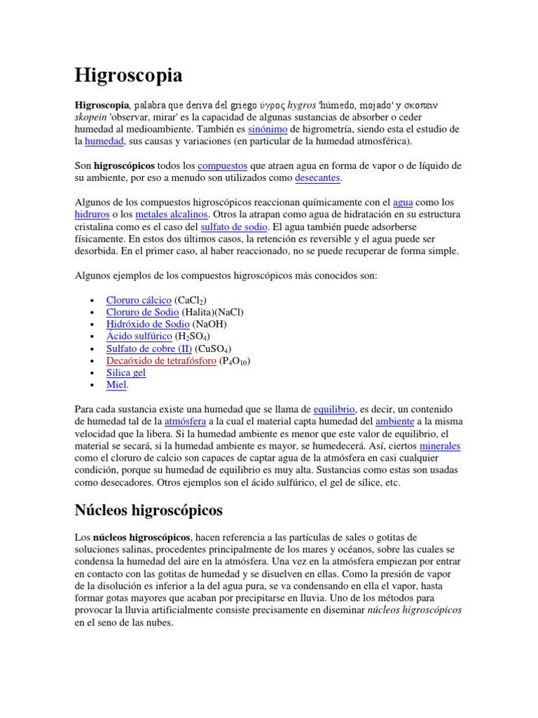 Propiedades y Ejemplos de Higroscopia | PDF | Átomos | Elementos químicos