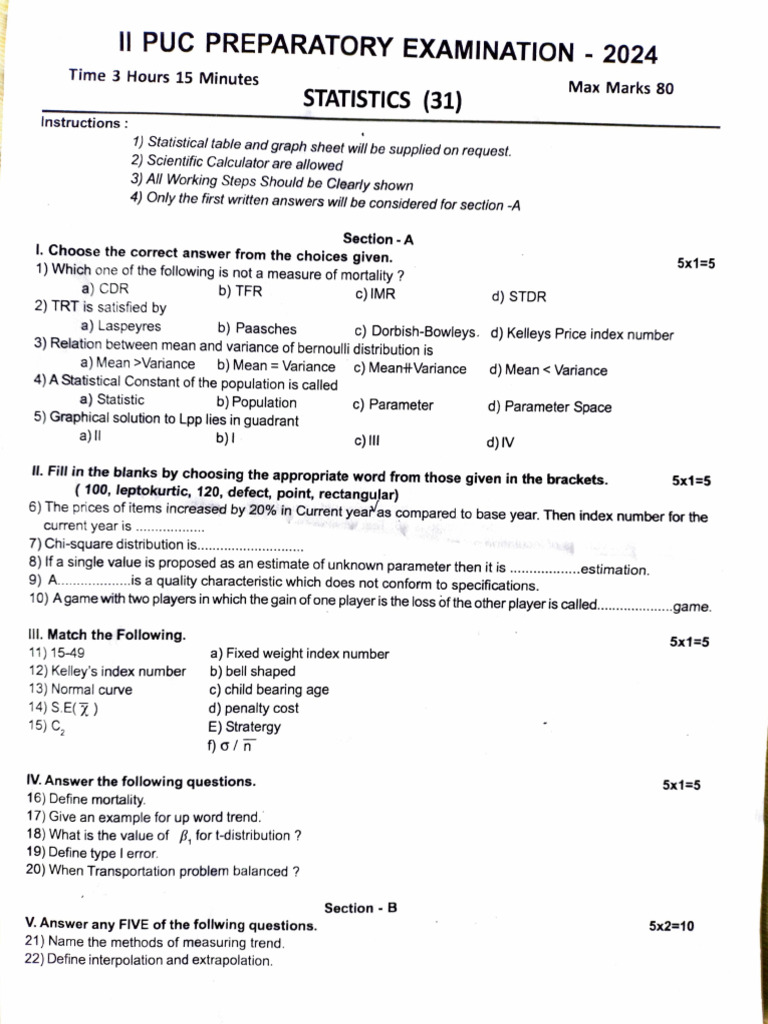 II PU Statistics Preparatory Question Papers | PDF | Variance | Statistics