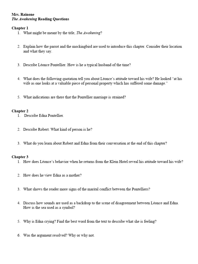 The Awakening Reading Questions | PDF | The Awakening (Chopin Novel)