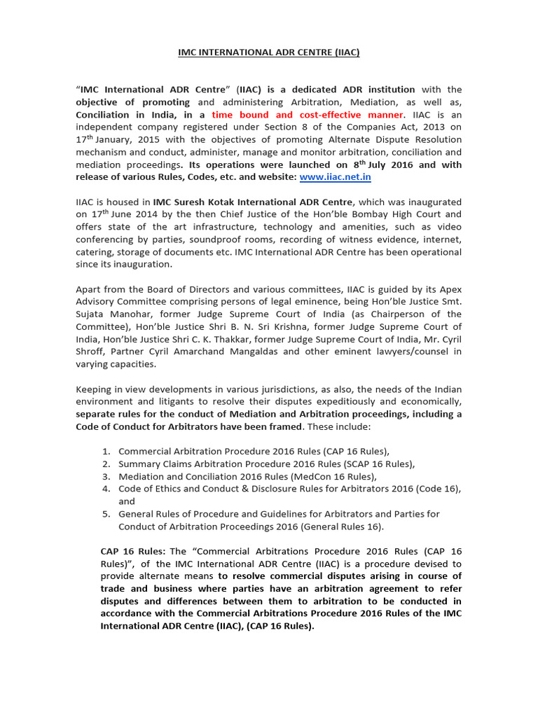 IMC International ADR Centre - Mumbai | PDF | Arbitration | Mediation