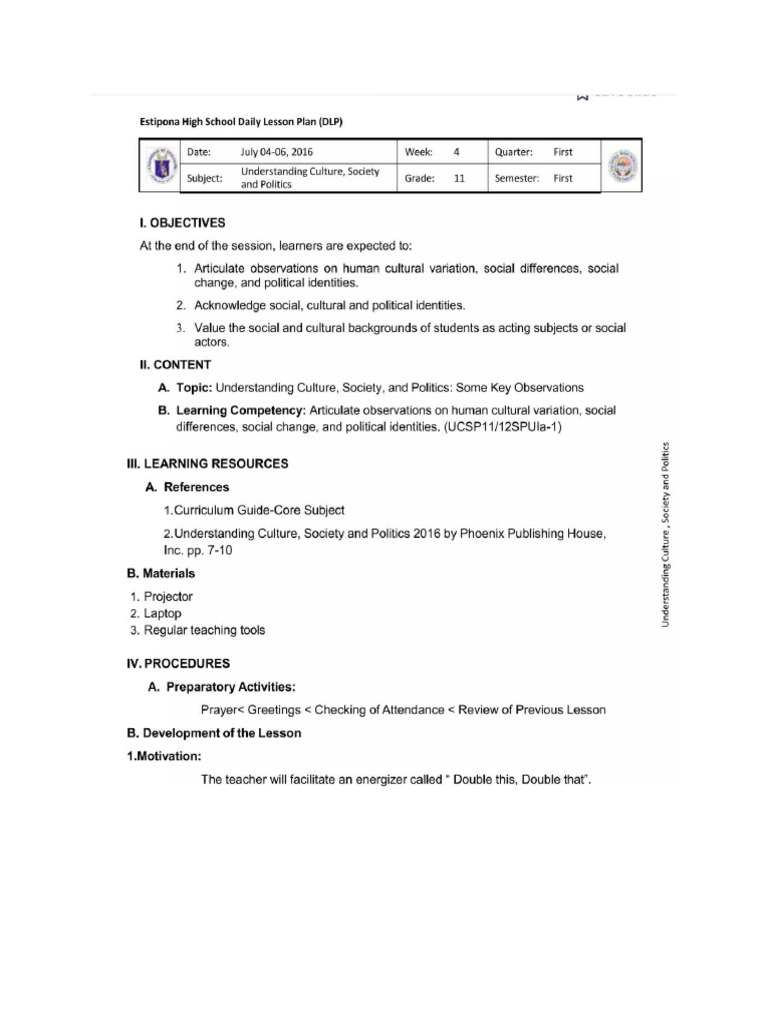 Lesson Plan - Week 4 | PDF