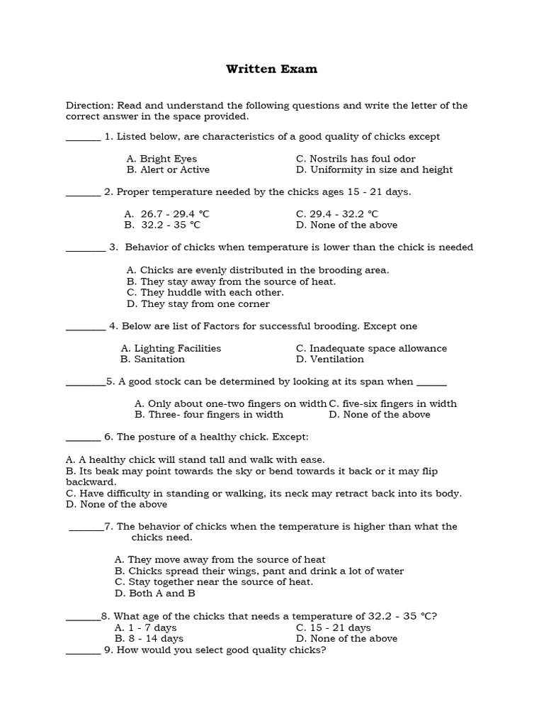 Chick Rearing Exam Questions | PDF | Birds | Beak