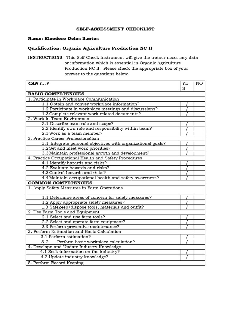 3 Larry PTS Self - Assessment Checklist-OAP NC II | PDF | Occupational ...