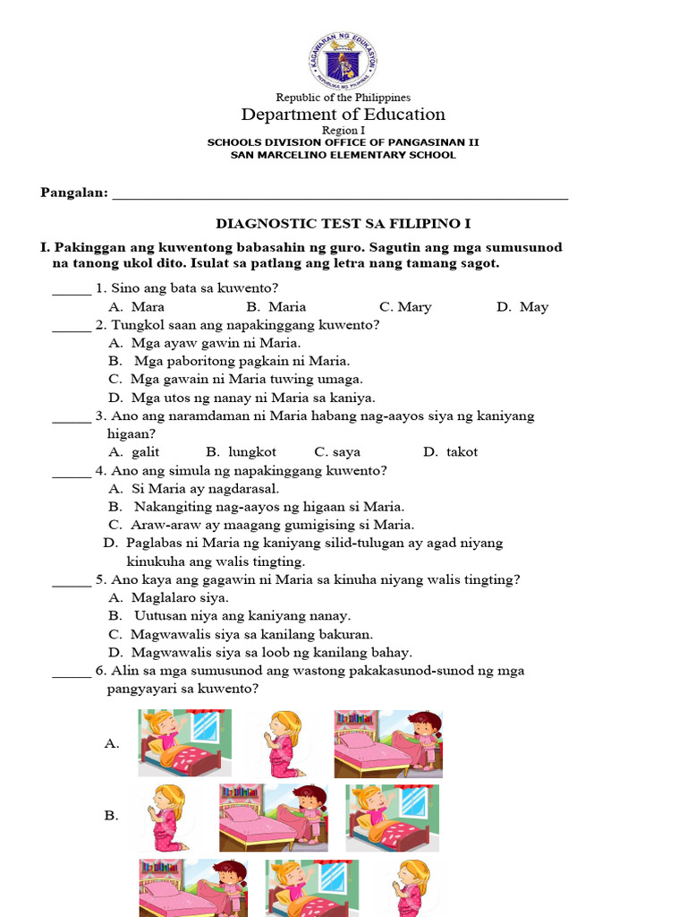 Diagnostic Test Sa Filipino 1 2 | PDF