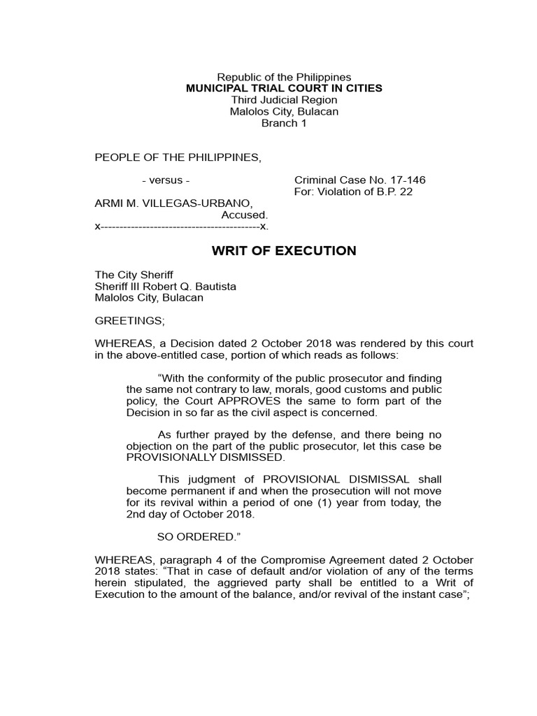 Writ of Execution Armi Villegas-Urbano | PDF | Prosecutor | Writ
