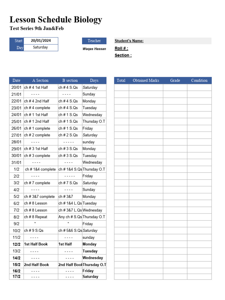 Lesson Schedule 9th | PDF | Worksheet